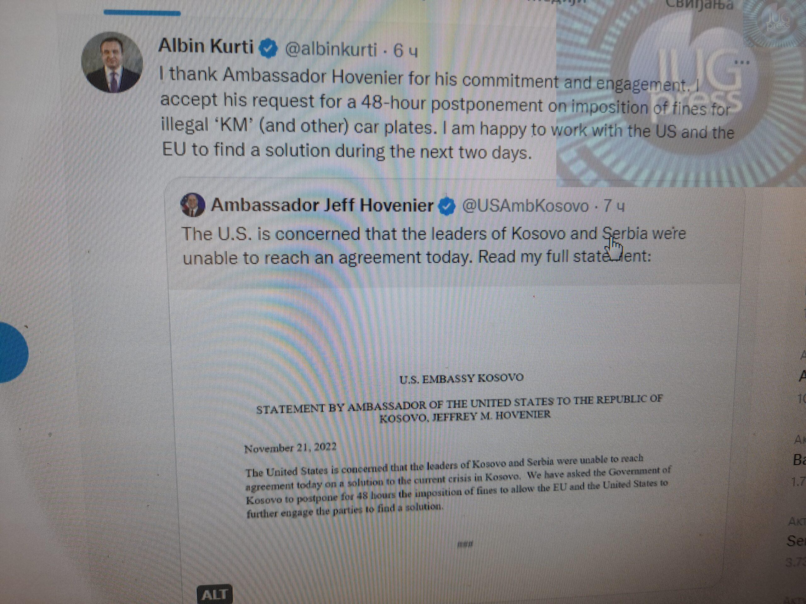 Kurti odložio kažnjavanje zbog tablica na 48 sati po zahtevu ambasadora ...